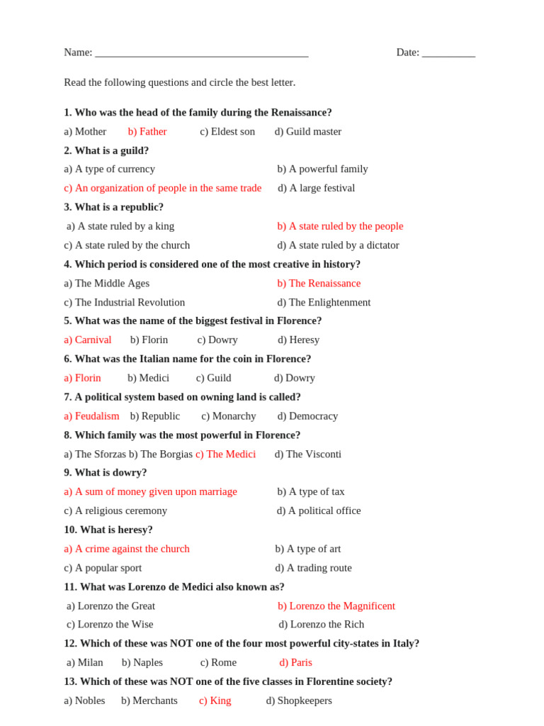 Life in Renaissance Italy Unit 1,2 and 3 Practice Review. | PDF ...