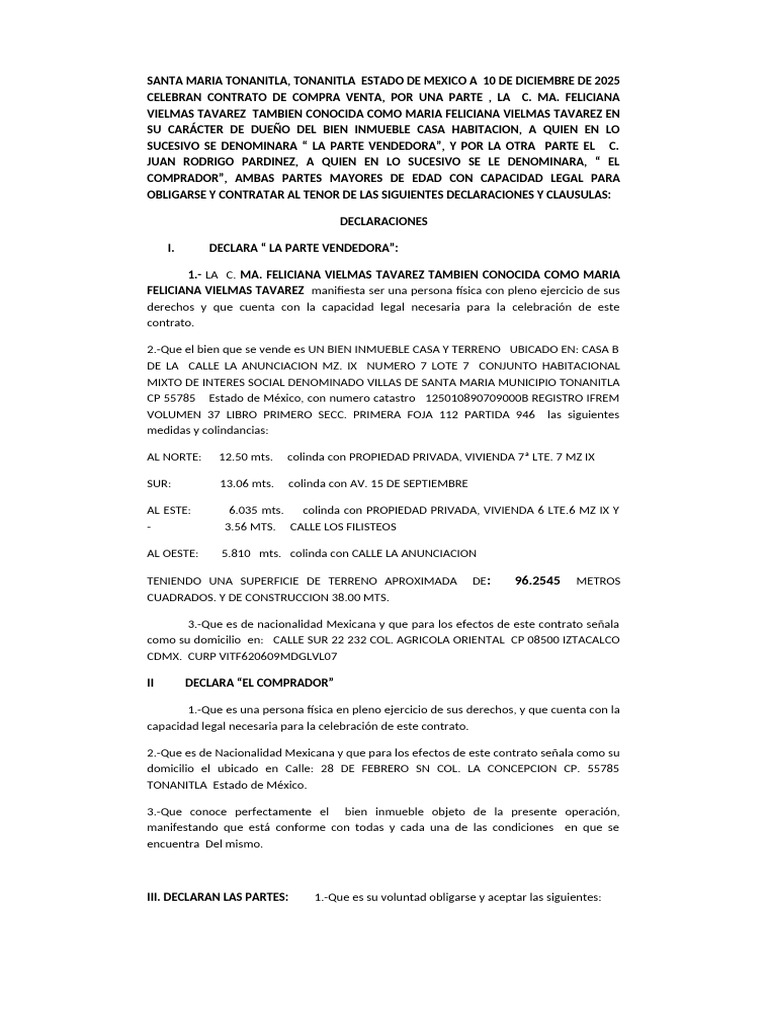 Contrato Venta Feliciana Vielmas Tavares | PDF