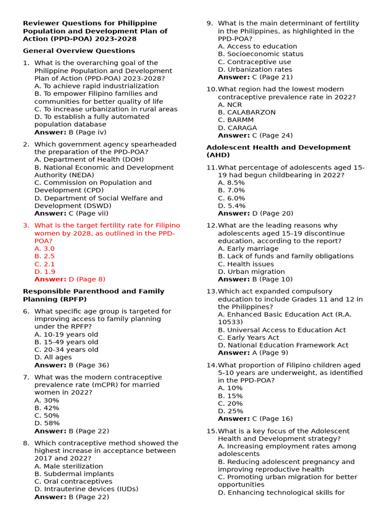 Reviewer Questions For Philippine Population and Development Plan of ...