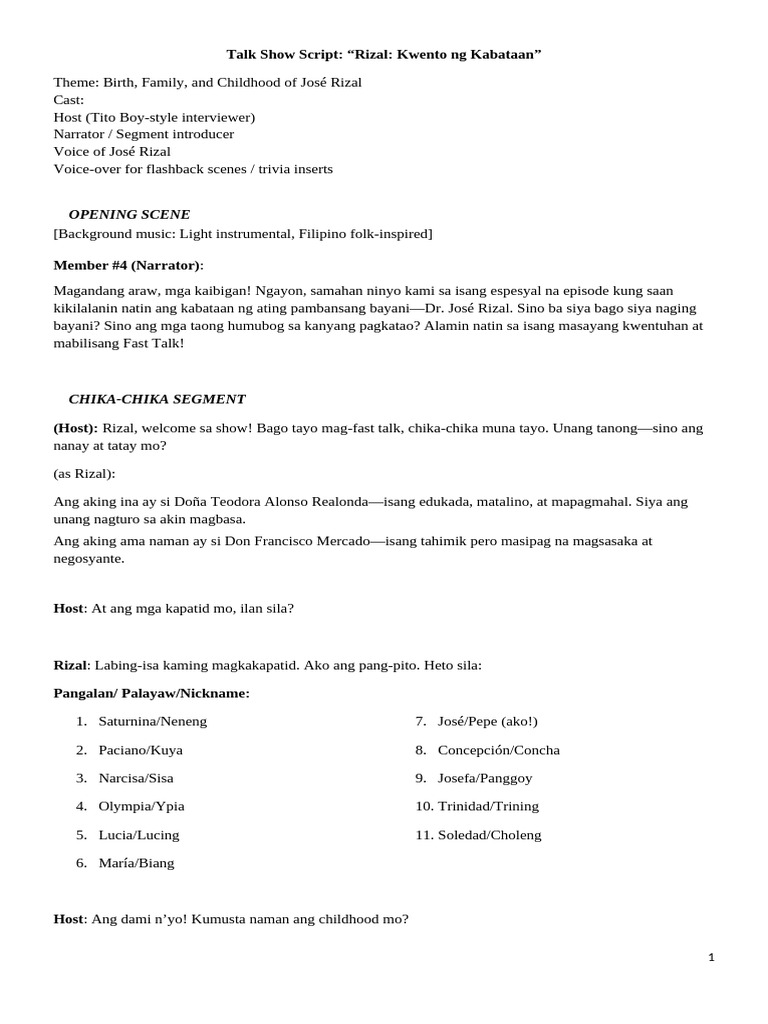 Jose Rizal Childhood Script For Talk Show Activity | PDF