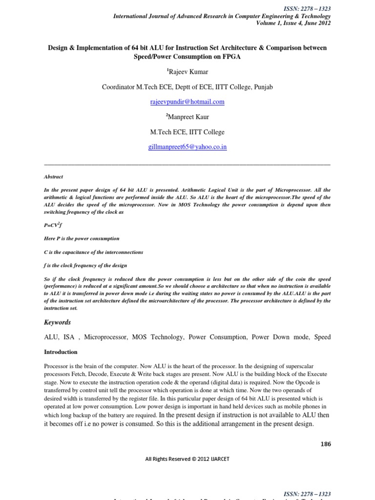 Design & Implementation of 64 Bit ALU For Instruction Set Architecture ...