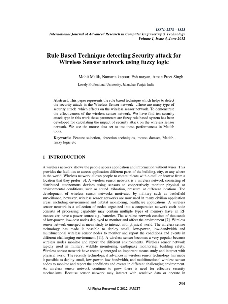 Rule Based Technique Detecting Security Attack For Wireless Sensor Network Using Fuzzy Logic ...