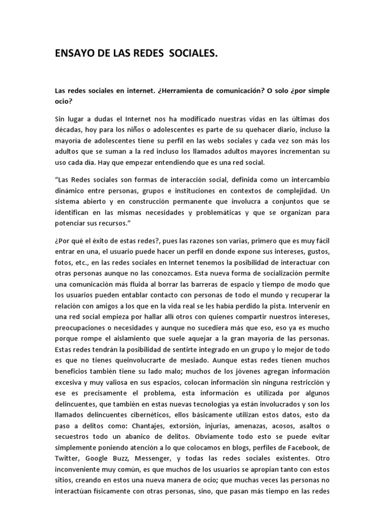 Ensayo de Redes Sociales. | PDF | Servicio de redes sociales | Internet