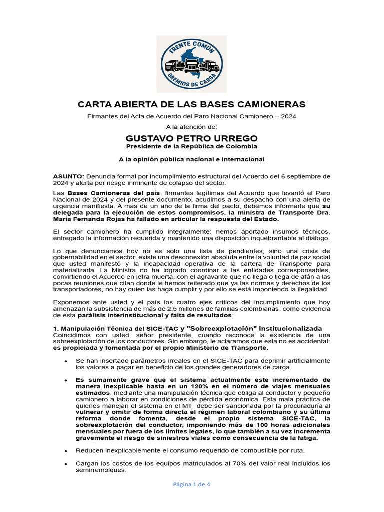 Carta abierta al presidente Petro de las bases camioneras del país | PDF