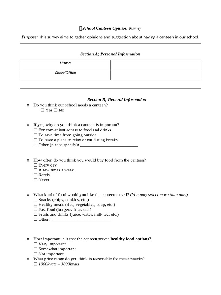 ?school Canteen Opinion Survey (Draft) | PDF
