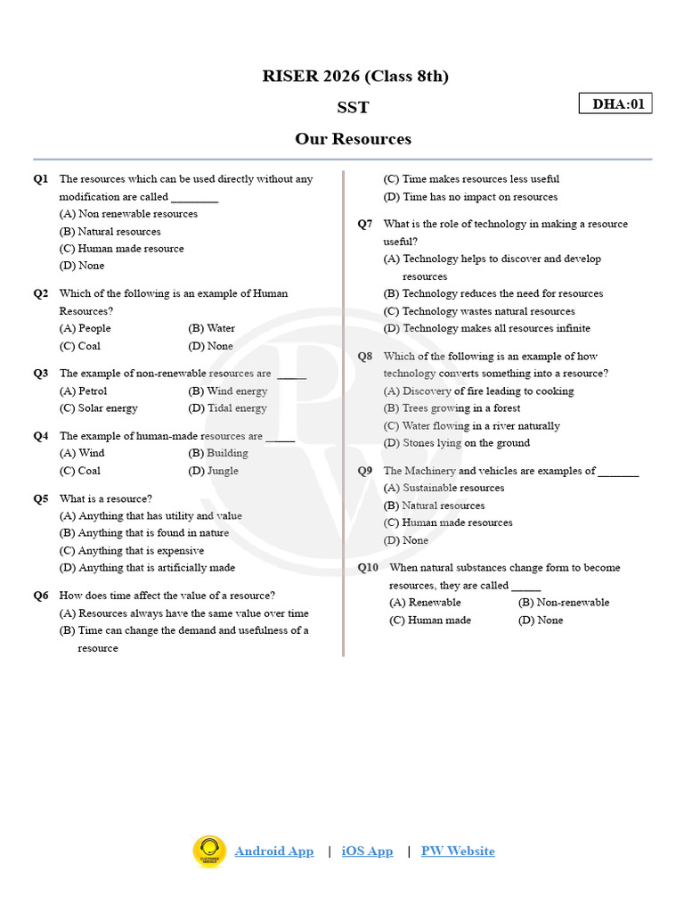 Our Resources - DHA 01 - RISER 2026 (Class 8th) | PDF | Nature | Energy ...