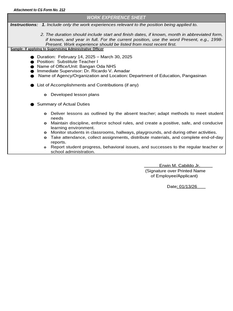 CS Form No. 212 Attachment - Work Experience Sheet | PDF