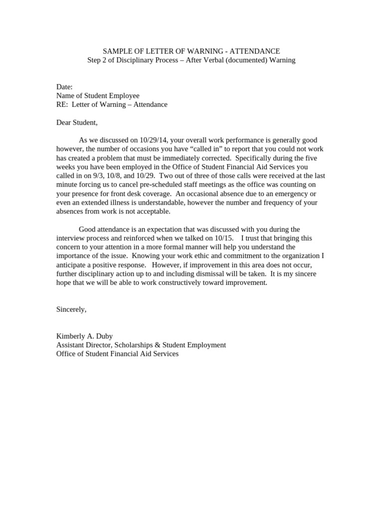 Sample Letter of Warning Attendance | PDF