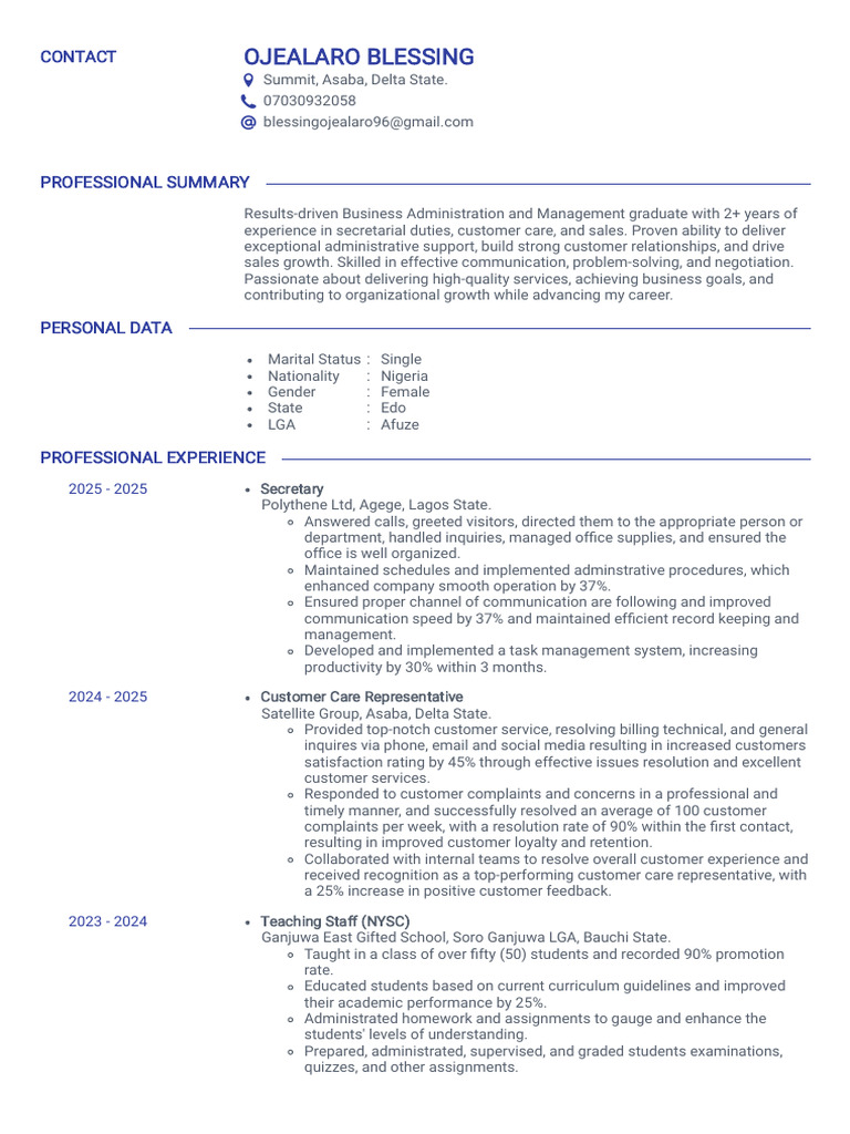 Ojealaro Blessing (CV) 2026 | PDF | Customer Relationship Management ...
