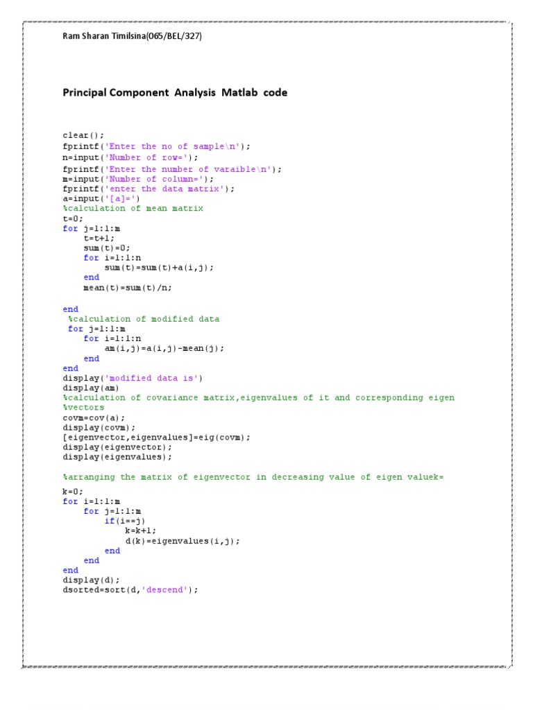 Principal Component Analysis Matlab Code: Ram Sharan Timilsina (065/BEL ...