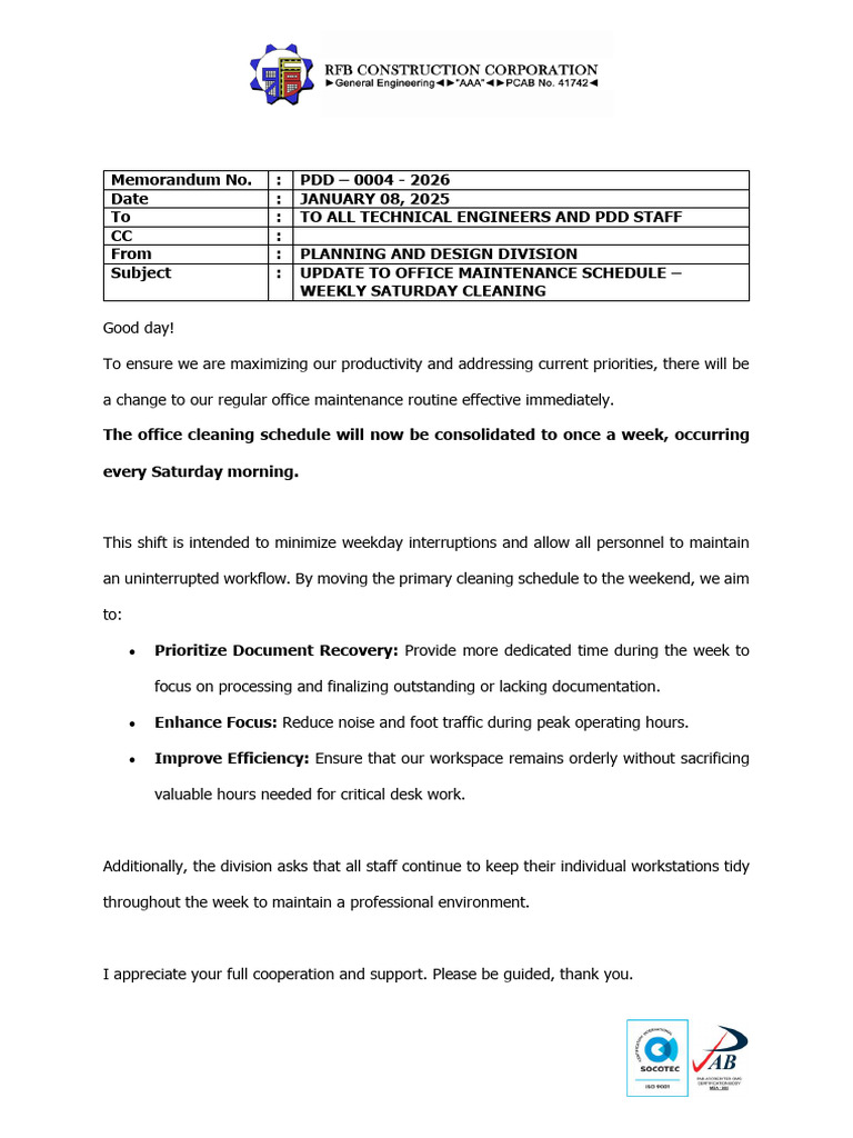 Memo 004 Schedule For Cleaning of PDD Office | PDF