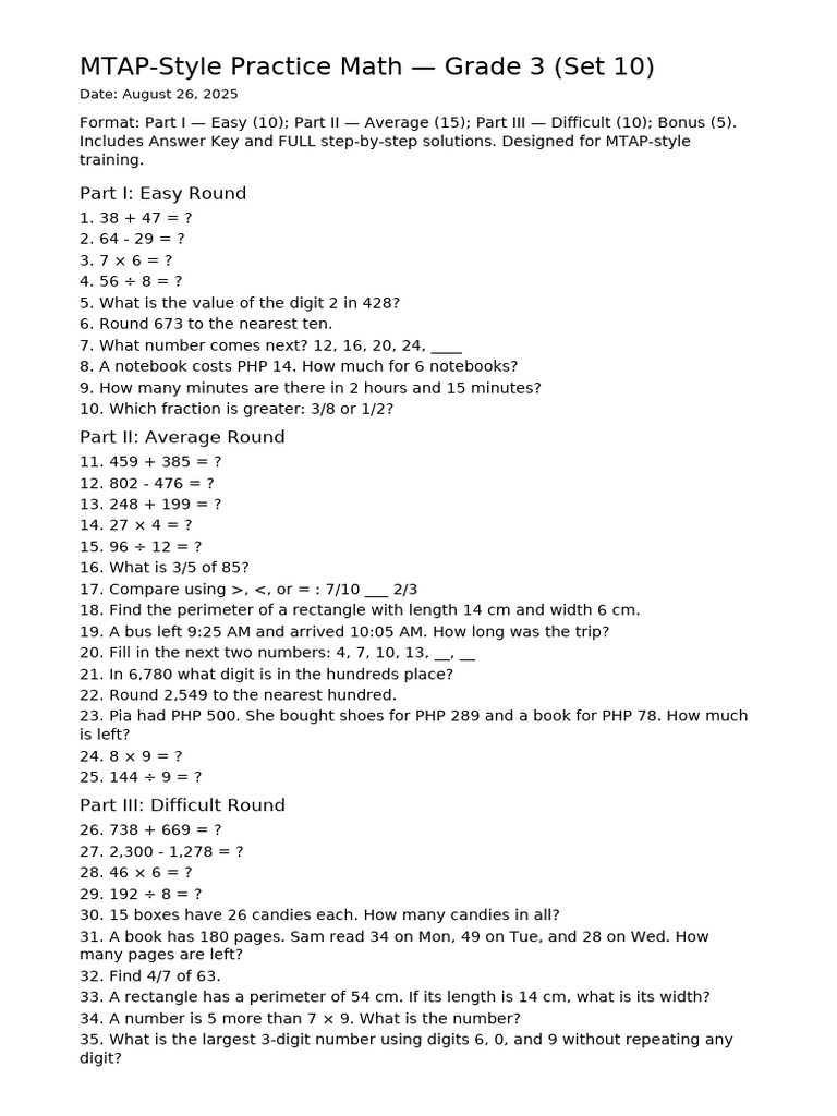 Grade3 Math Contest Practice MTAP Day 14 | PDF | Multiplication ...