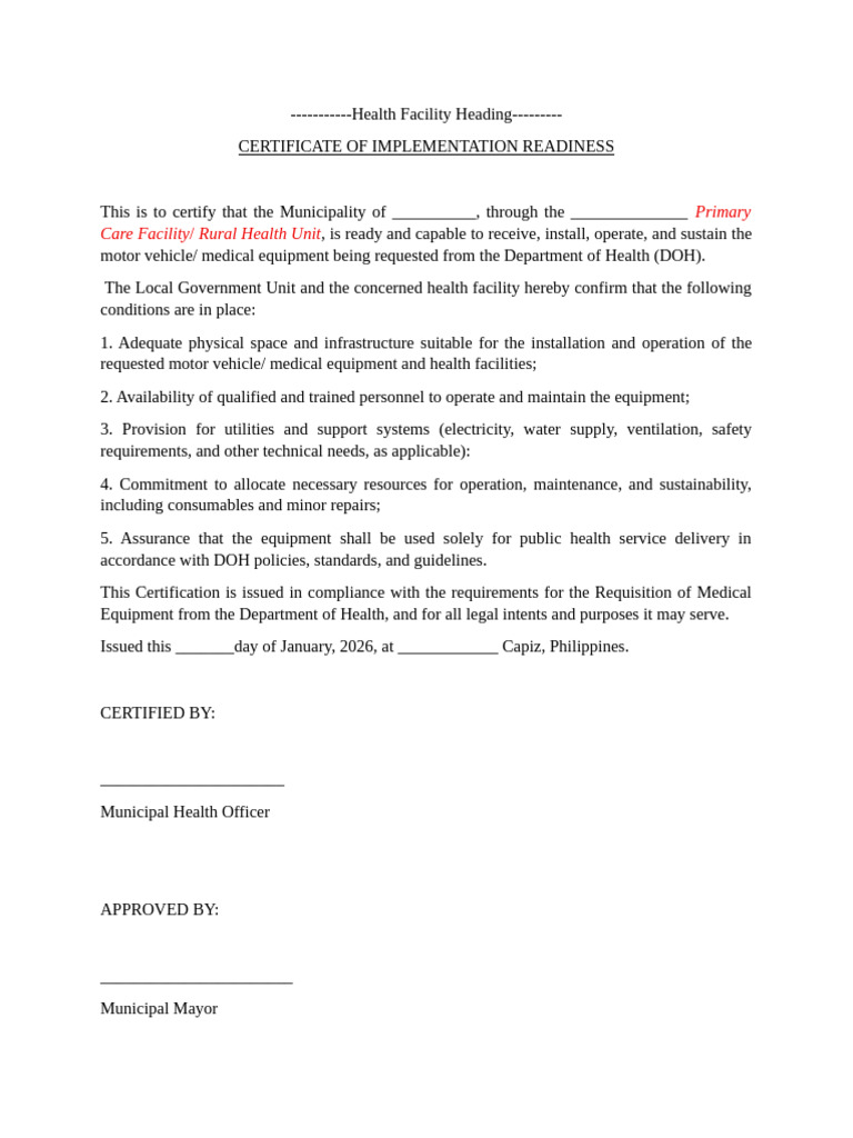 Certificate of Readiness and Personnel Availability-Hfep Request | PDF ...