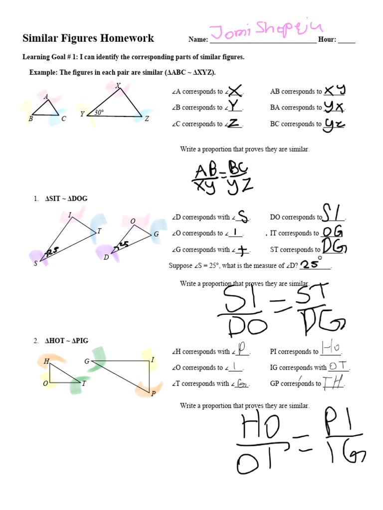 Similar Figures Homework: The figures in each pair are similar (ΔABC ...