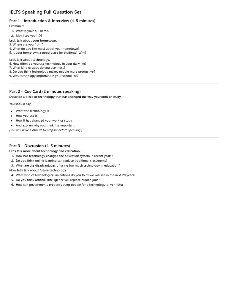 IELTS Speaking Question Set | PDF