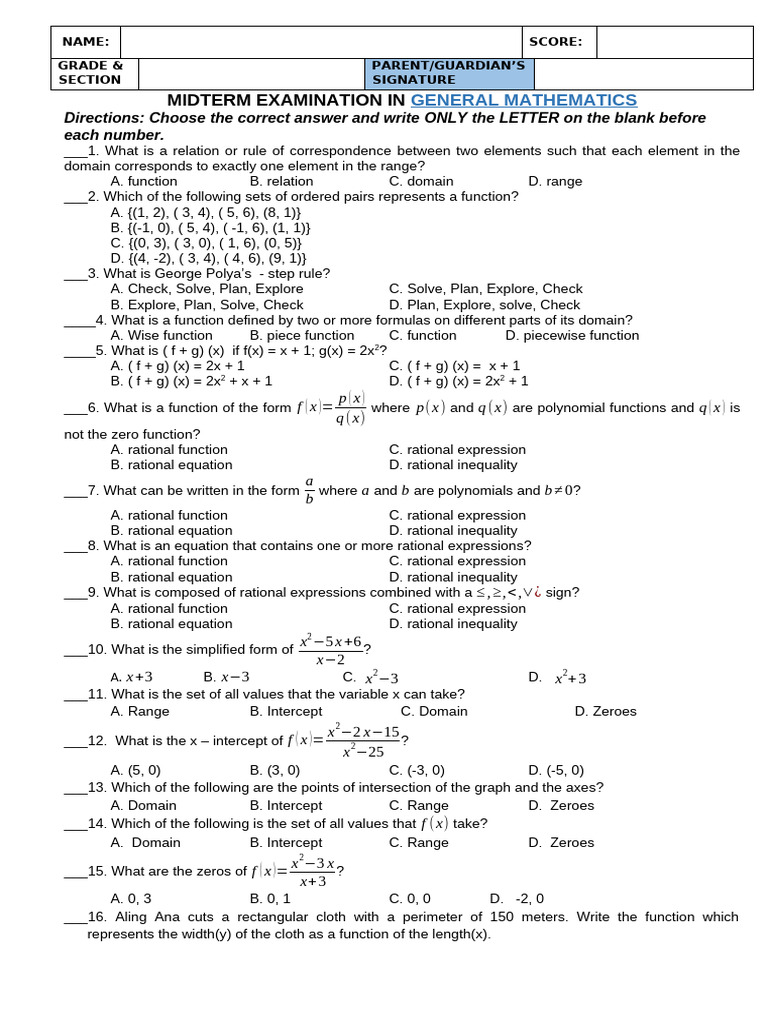 1st Summative Test in Gen Math | PDF | Function (Mathematics) | Equations