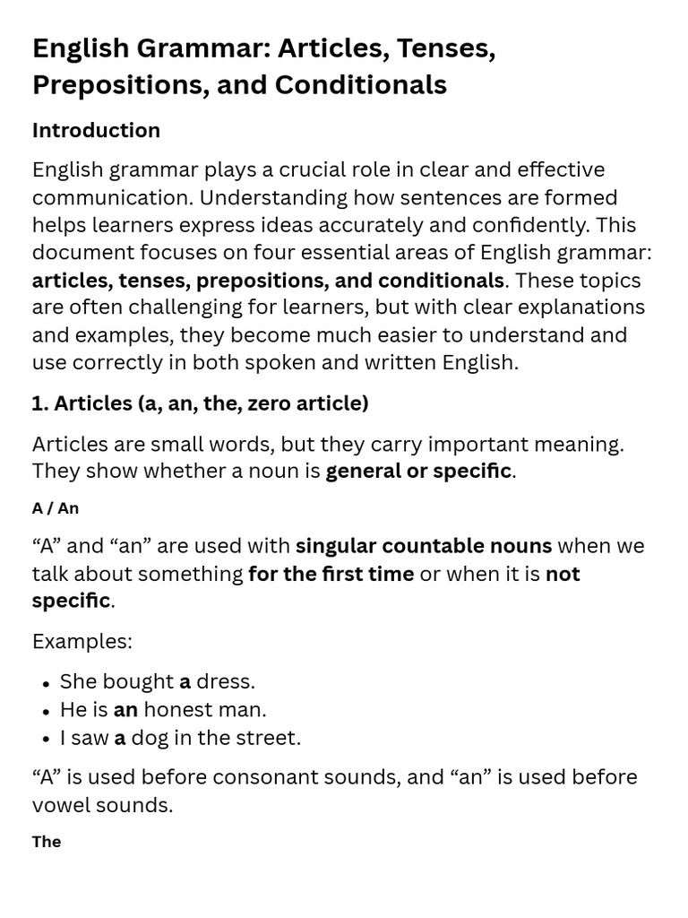 English Grammar Articles, Tenses, Prepositions, and Conditionals | PDF ...