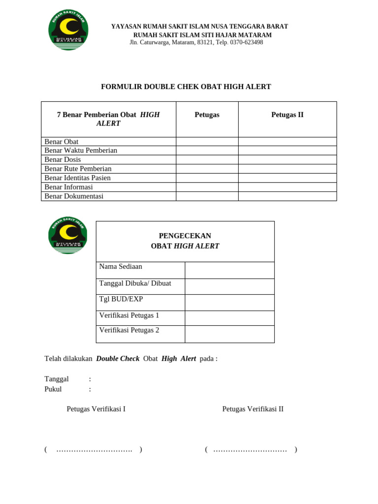 Formulir Double Chek Obat High Alert Revisi | PDF