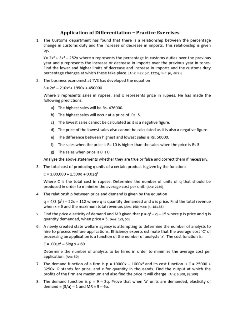 Applications of Differentiation - Exercises | PDF | Demand | Profit ...