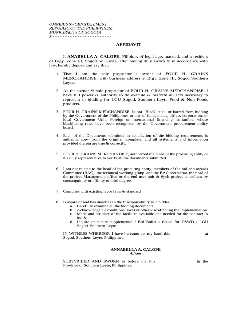 Omnibus Sworn Statement Four H | PDF | Affidavit