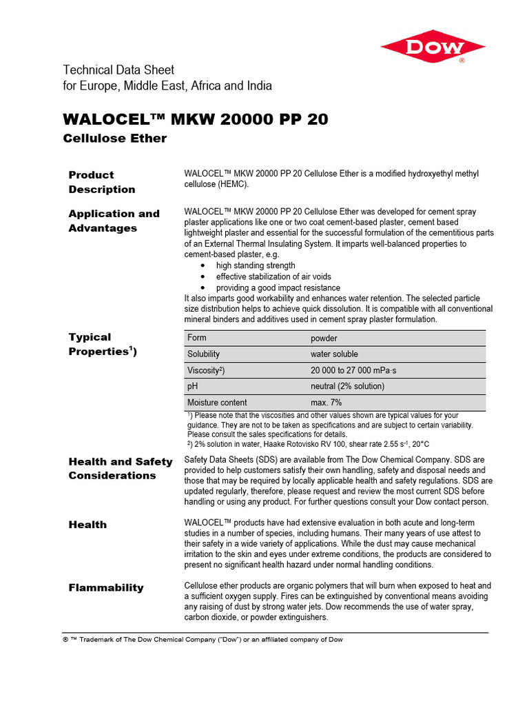 840 505 01 Walocel Mkw 20000 Pp 20 Cellulose Ether | PDF | Cement | Plaster