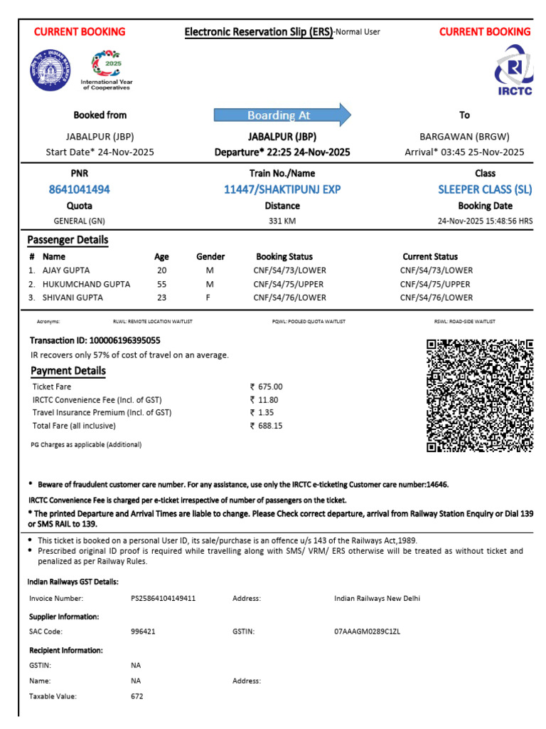 11447/shaktipunj Exp Sleeper Class (SL) | PDF | Identity Document ...