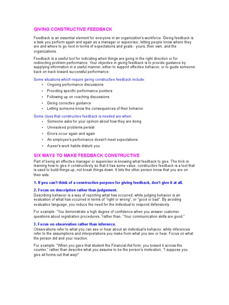 Giving-Constructive Feedback Handout | Download Free PDF | Feedback | Behavior