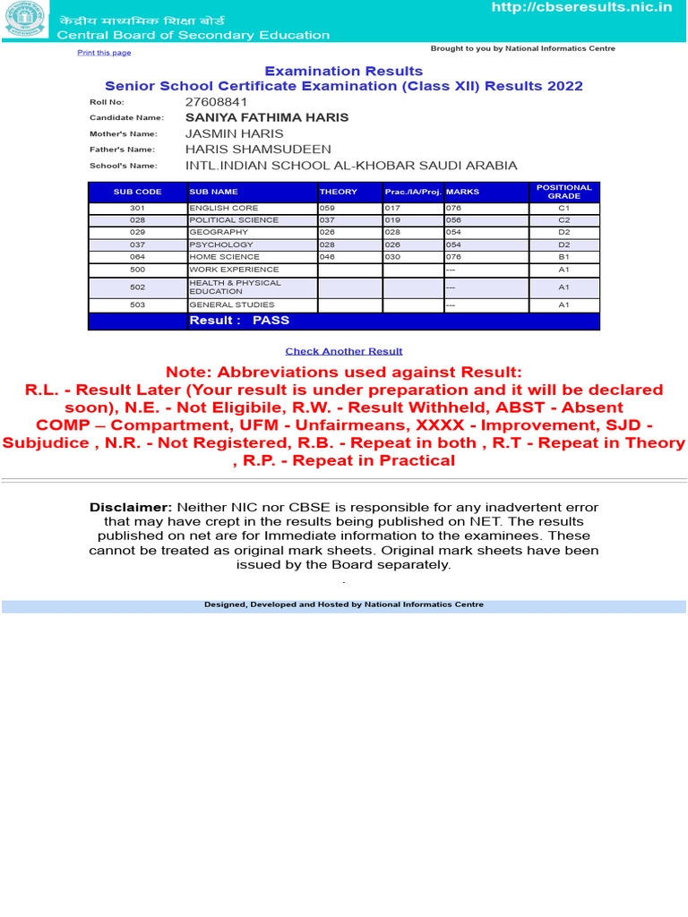 CBSE - Senior School Certificate Examination (Class XII) Results 2022 ...