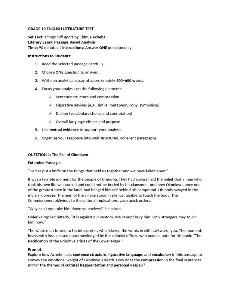 Grade 10 English Literature Test | PDF
