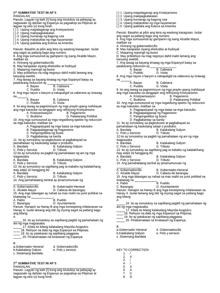 1st Summative Test in AP 5 | PDF