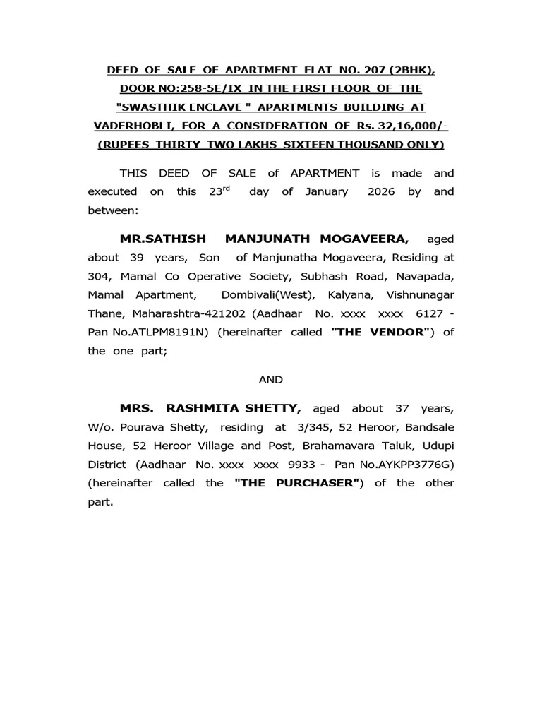 SMT Rashmitha P Shetty Flat Sale Deed | PDF | Covenant (Law) | Property Law