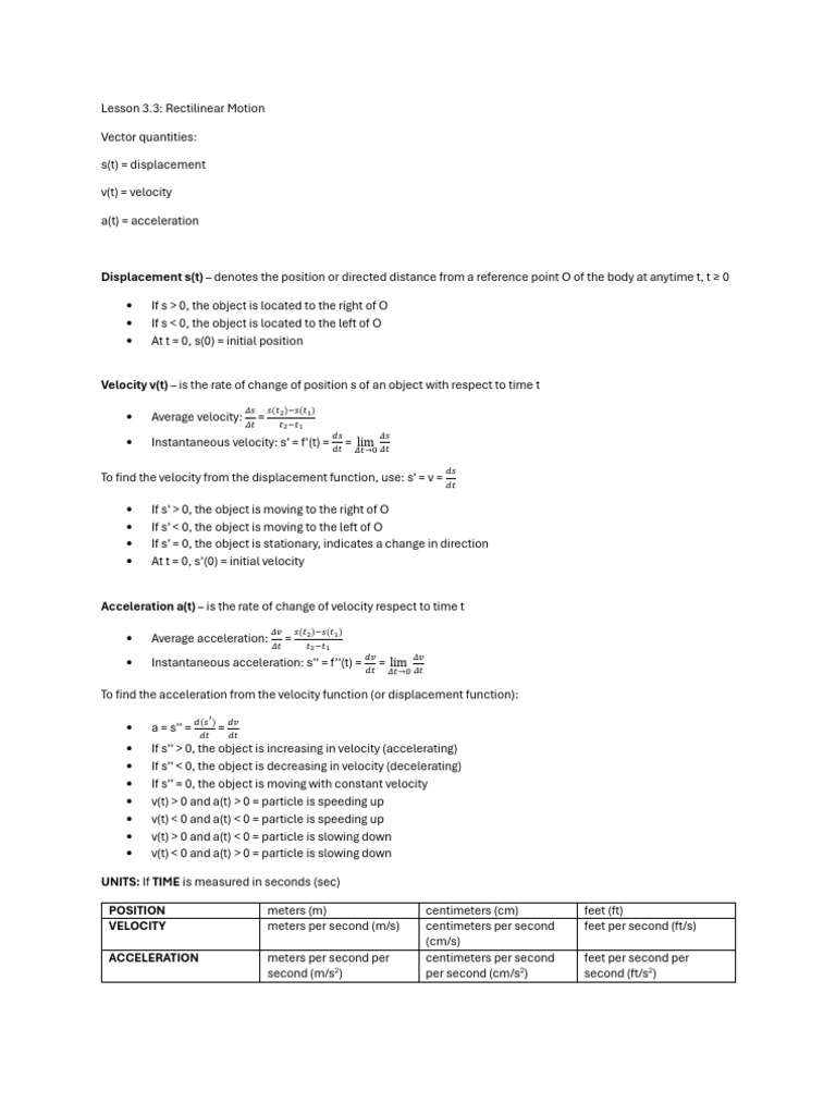 Lesson 3.3 - Rectilinear Motion | PDF | Acceleration | Velocity