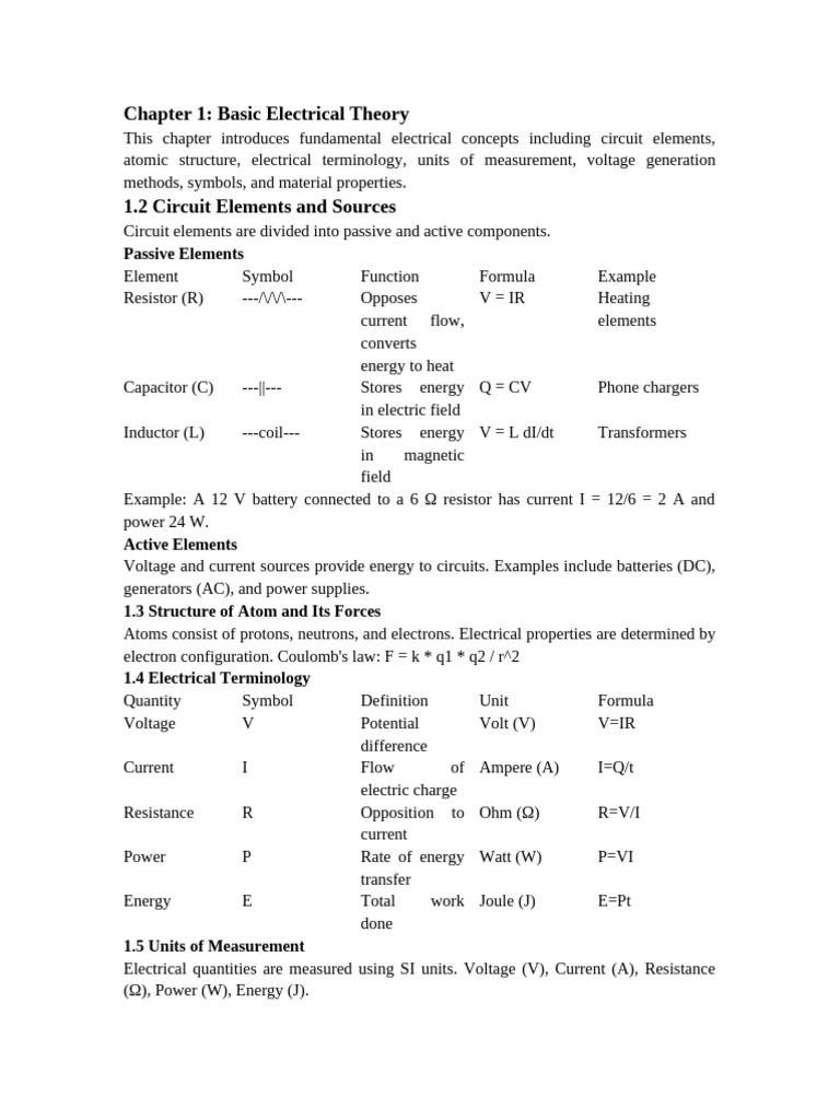 Basic Electrical Theory Lecture Notes | PDF | Electric Current | Voltage