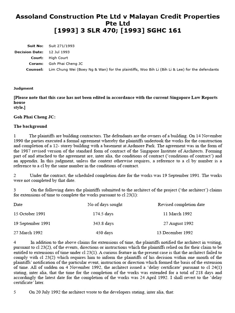 Assoland Construction Pte LTD V Malayan Credit Properties Pte LTD | PDF ...