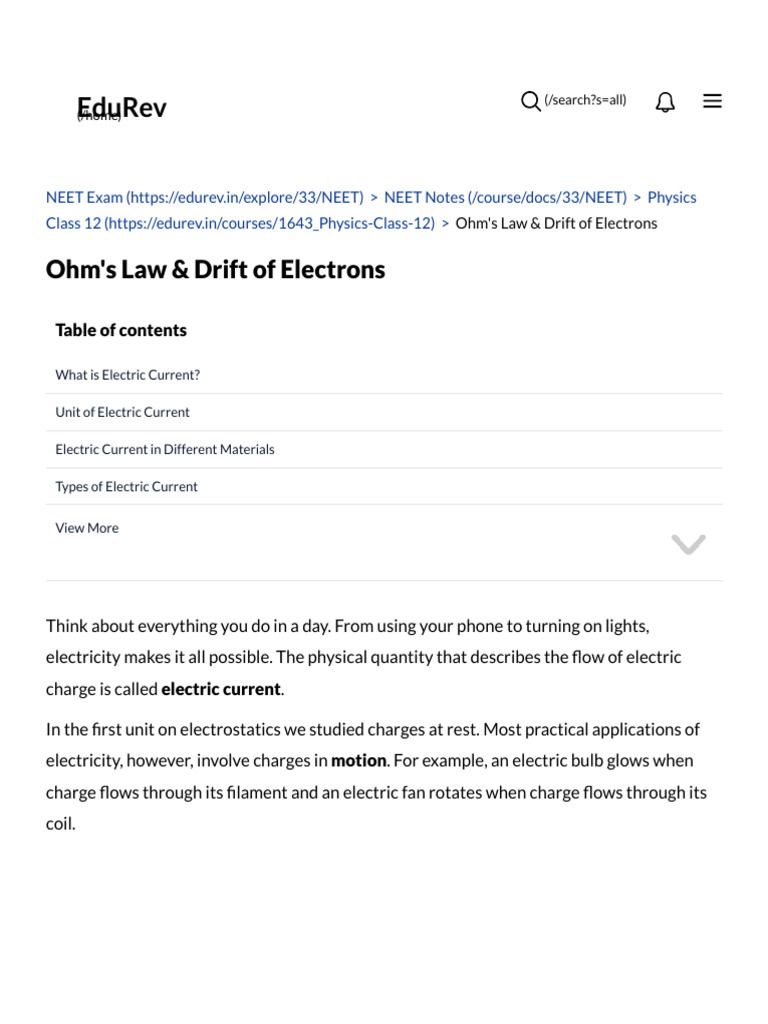 Ohm's Law and Drift of Electrons - Physics Class 12 - NEET PDF Download ...