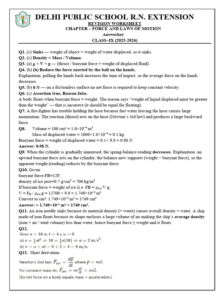 Revision Worksheet_class Ix_force and Laws of Motion - Answer | PDF