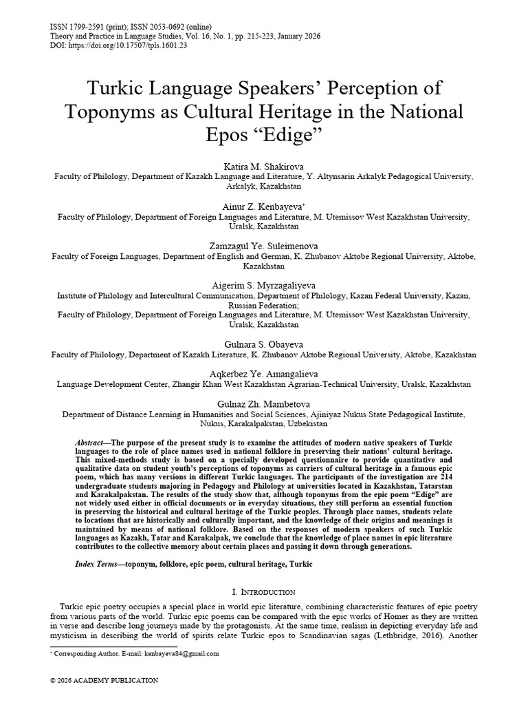 Turkic Language Speakers’ Perception of Toponyms as Cultural Heritage ...