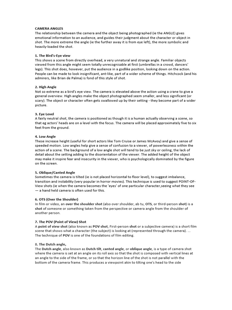 Camera Angles (Shot List) | PDF | Zoom Lens