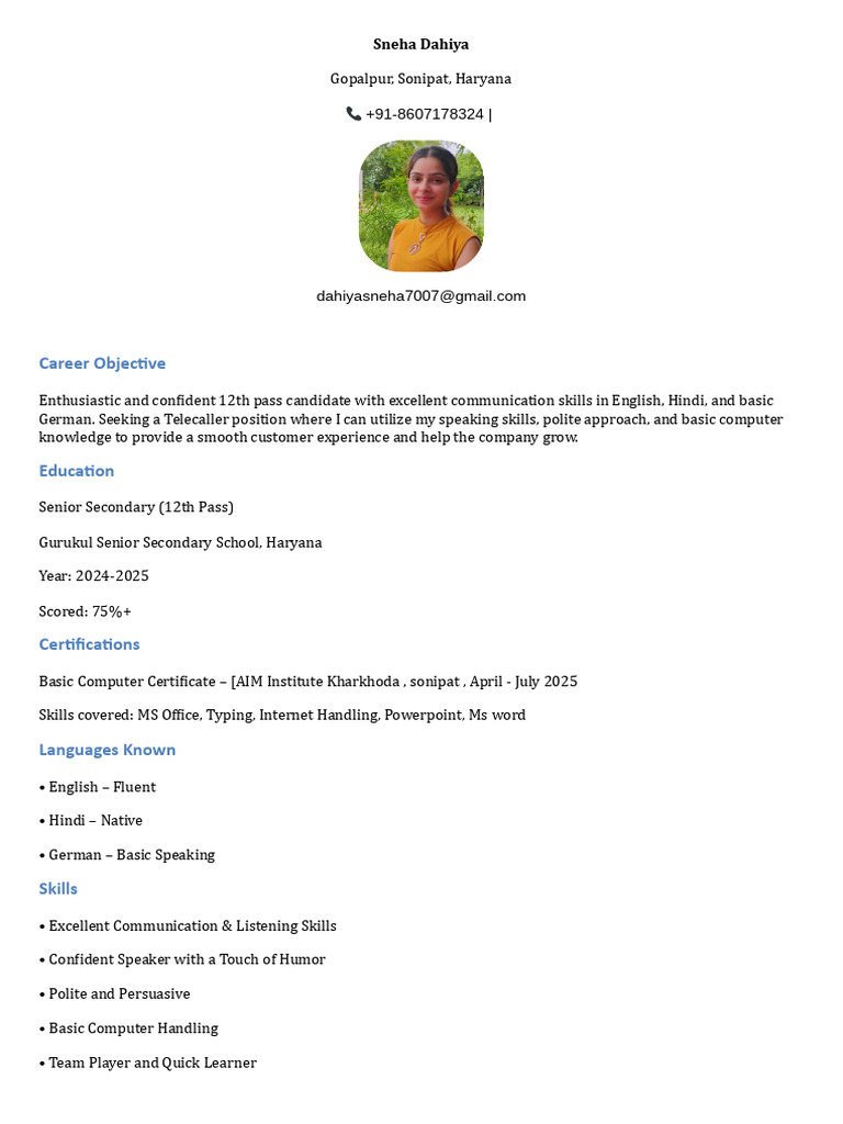 Sneha Dahiya Telecaller Resume Updated (1).Docx 20250717 115936 0000 | PDF