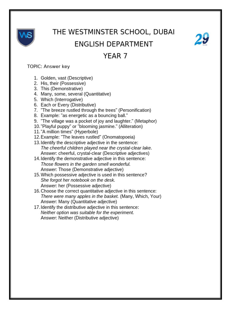 YR 7 - Adjectives and Figures of Speech Answer Key | PDF