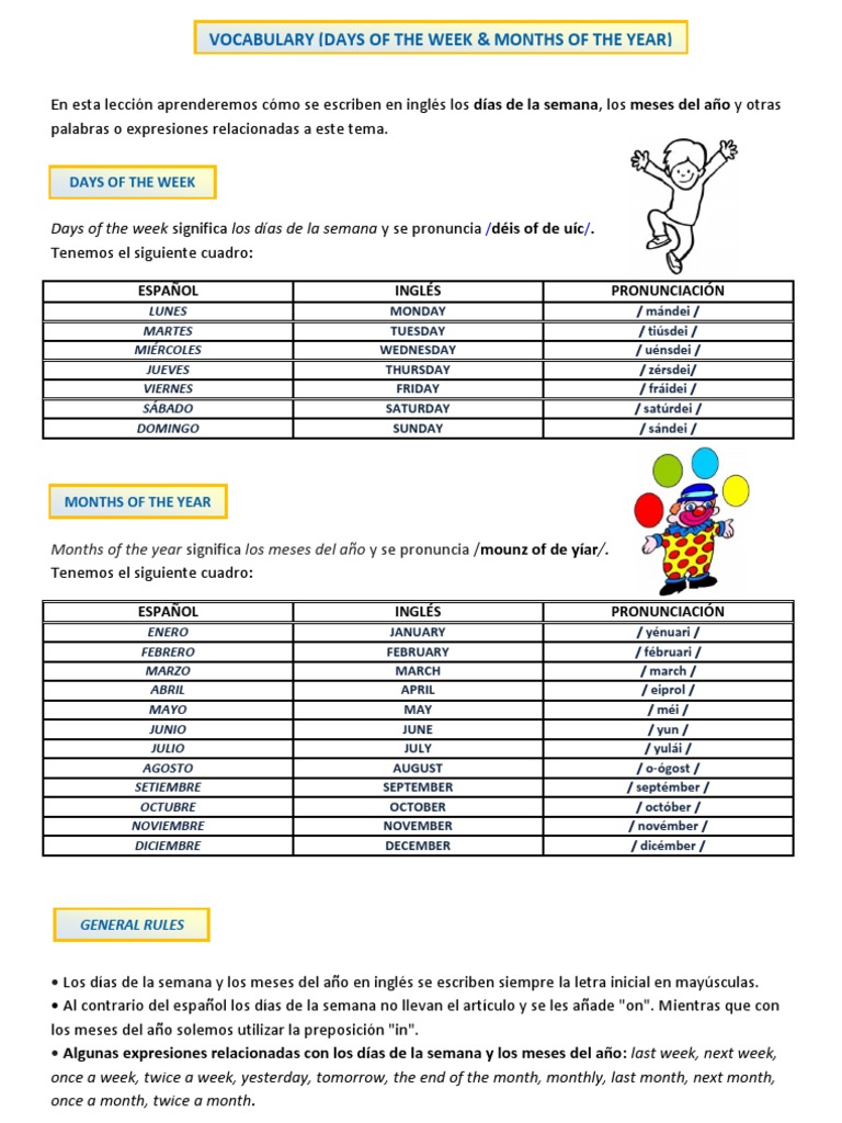 Vocabulary (Days of The Week & Months of The Year) | PDF | Idiomas