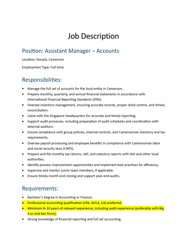 Job Description: Posi On: Assistant Manager - Accounts | PDF
