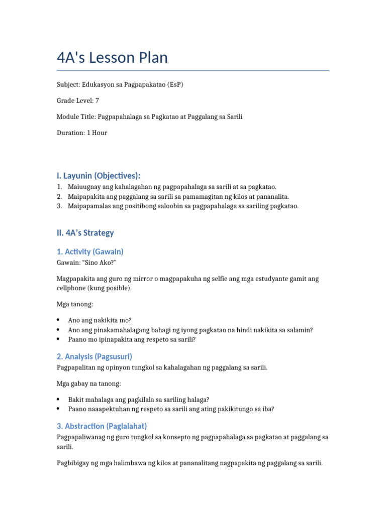 4as Lesson Plan EsP Grade7 | PDF