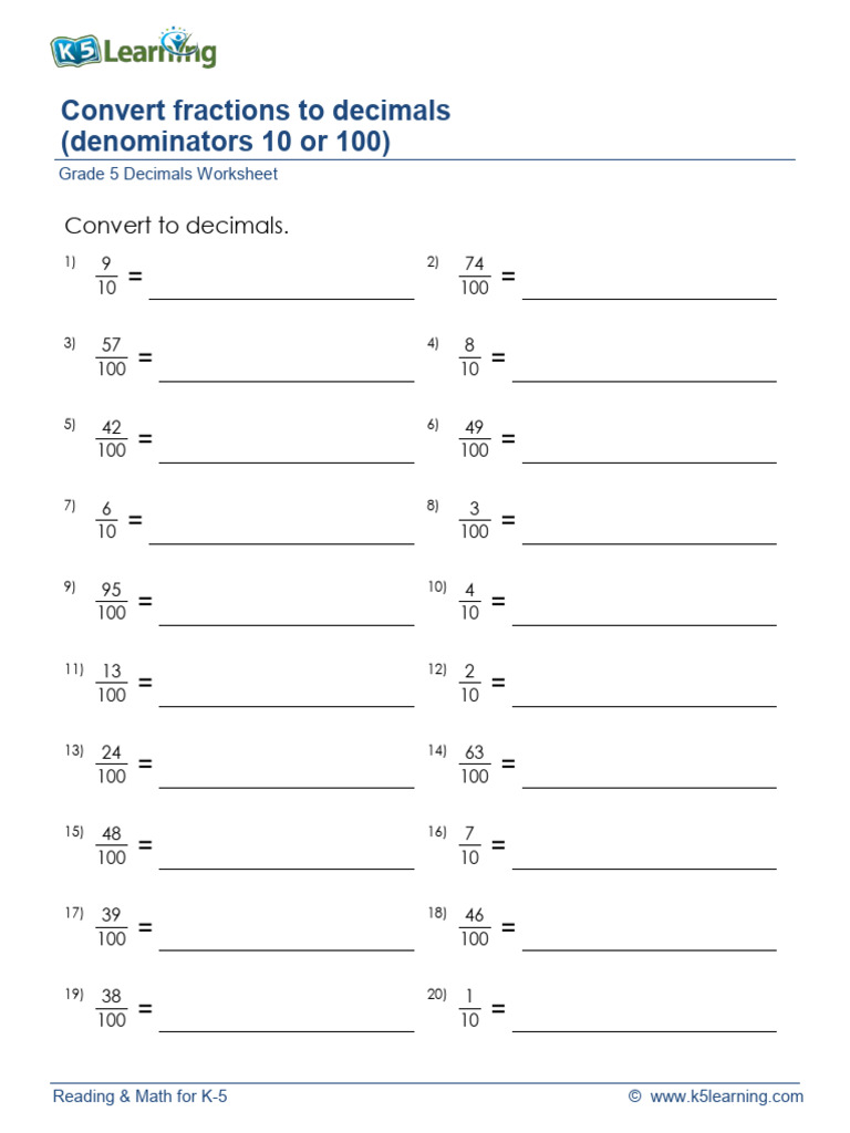 Grade 5 Decimals Worksheet - Convert Fractions To Decimals | PDF