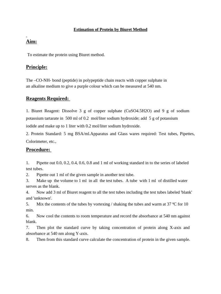 Estimation of Protein by Biuret Method | PDF | Chemical Substances ...