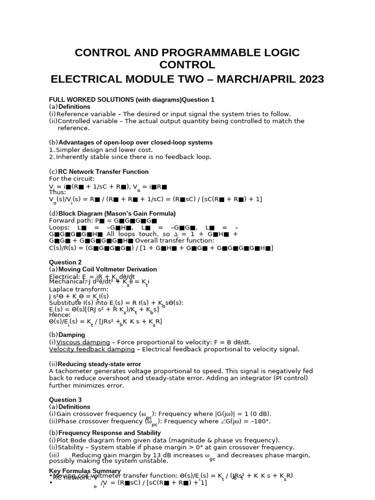 CONTROL SYSTEM MARCH 2023 Electrical Module Two Solutions With Diagrams ...