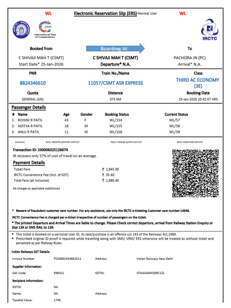 11057/Csmt Asr Express Third Ac Economy (3E) : WL WL | PDF | Identity ...