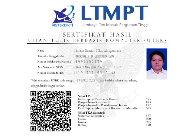 Sertifikat Utbk LTMPT 119711050146 | PDF