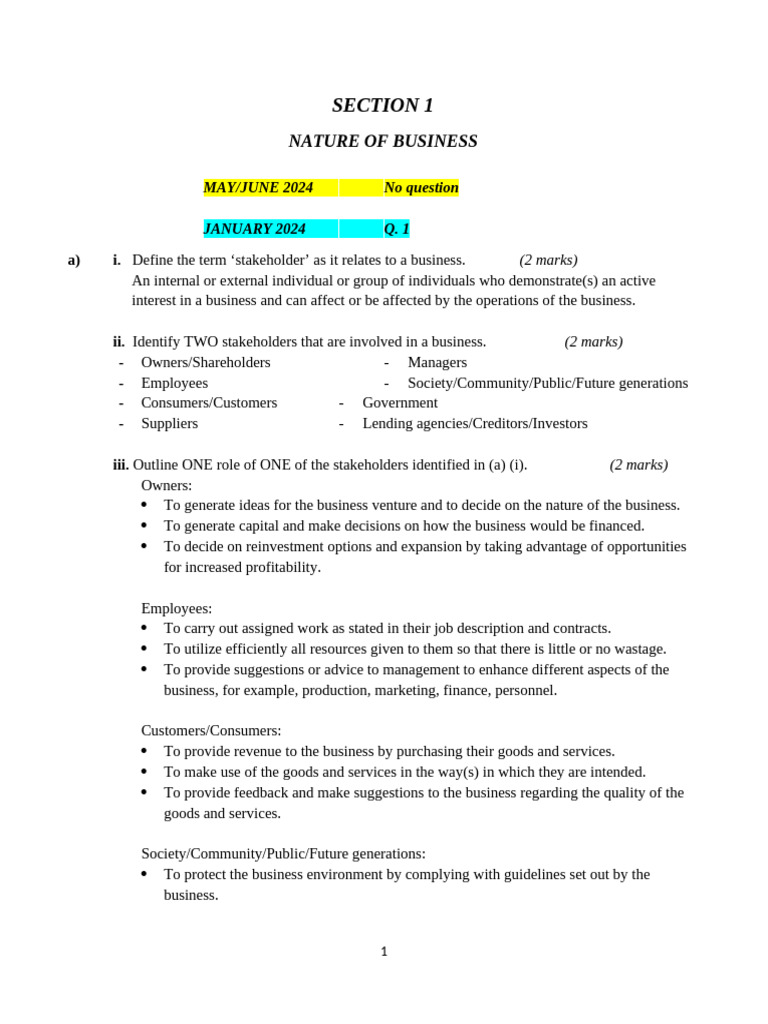 Section 1 Nature of Business Past Paper Solutions | PDF | Money | Business