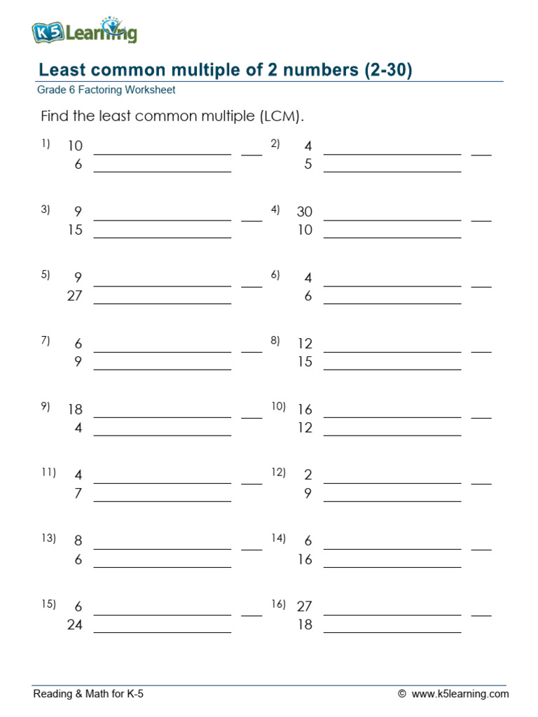 Grade 6 Least Common Multiple LCM 2 Numbers 2 30 A | PDF
